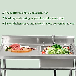 Free Standing Stainless-Steel Single Bowl, Commercial Restaurant Kitchen Sink Set W/Faucet Drainboard,Utility Sink Free Standing Single Bowl Kitchen Sink(Size:150cm,Color:A-Right platform)