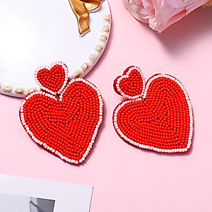 Heart Earrings for Women Hypoallergenic Beaded Statement Dangle Earrings Boho Handmade Red Love Heart Bead Drop Dangling Earrings Valentine’s Day Earrings Jewelry Gift
