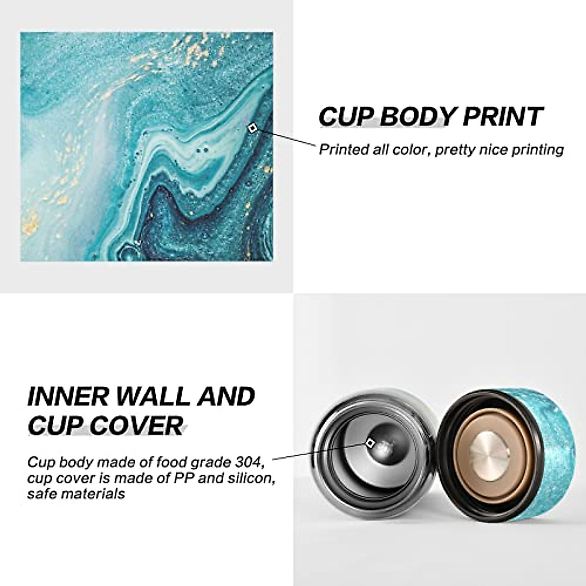 CaTaKu Green Gold Marble Water Bottle Insulated 16 oz Stainless Steel Flask Thermos Bottle for Coffee Water Drink Reusable Wide Mouth Vacuum Travel Mug