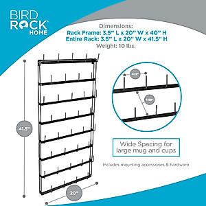 BirdRock Home 36 Peg Mug Rack for Wall - Coffee Tea Cup Glass Storage Holder - Coffee Bar Display Décor - Decorative Kitchen Organizer - Heavy Duty Rack - Flat Black Metal Steel