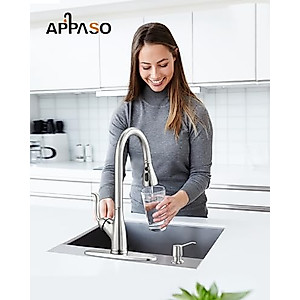 APPASO Patented Kitchen Faucet with Pull Down Sprayer and Soap Dispenser - Single Handle Stainless Steel Brushed Nickel High Arc Pull Out Kitchen Sink Faucets with Deck Plate