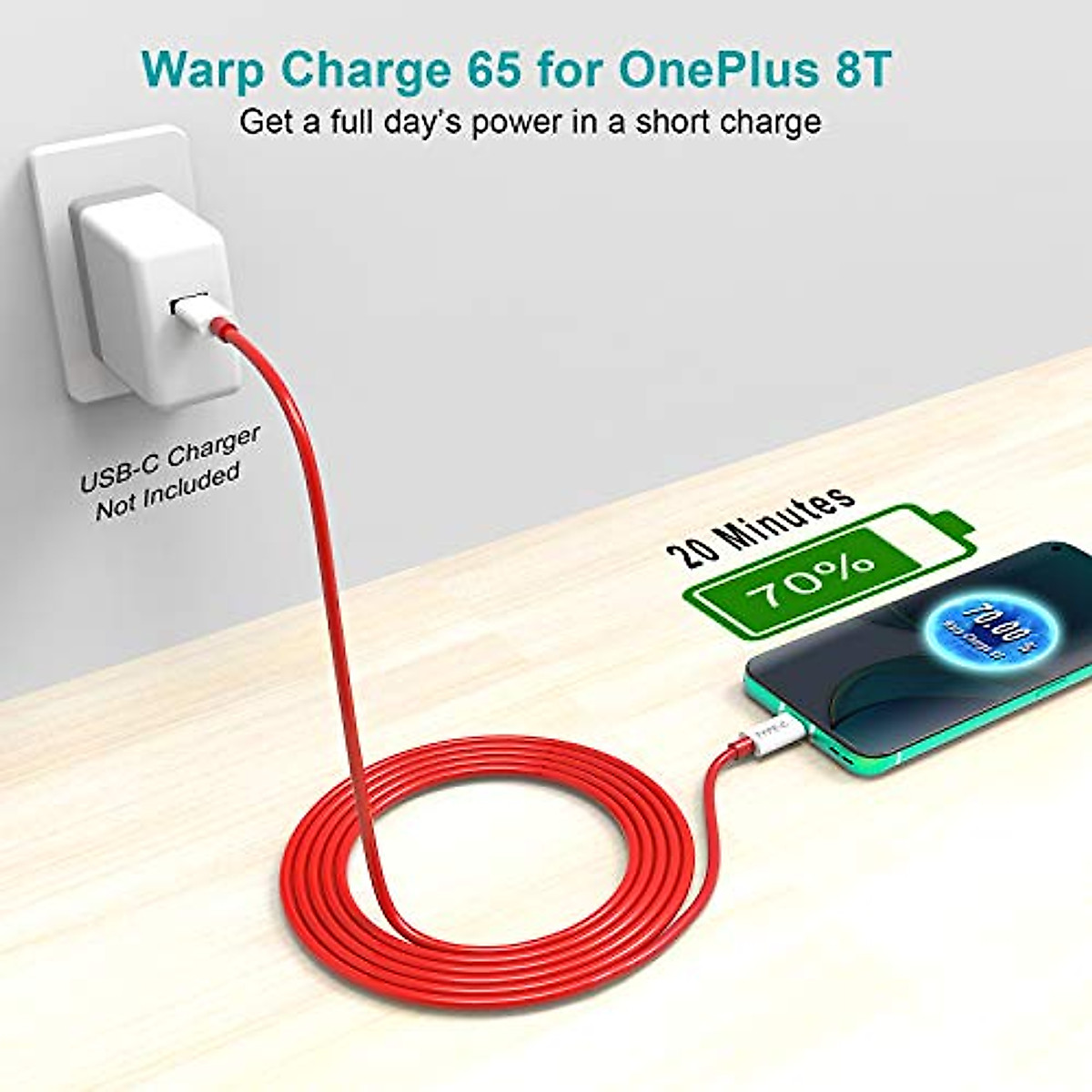 VELOGK Warp Charge 65 Charging Cable [10V/6.5A] Exclusive for OnePlus 9 Pro/9R/9/8T Cable Replacement, 65W USB C to USB C Warp Charger Adapter Cord(6.6ft/2M)