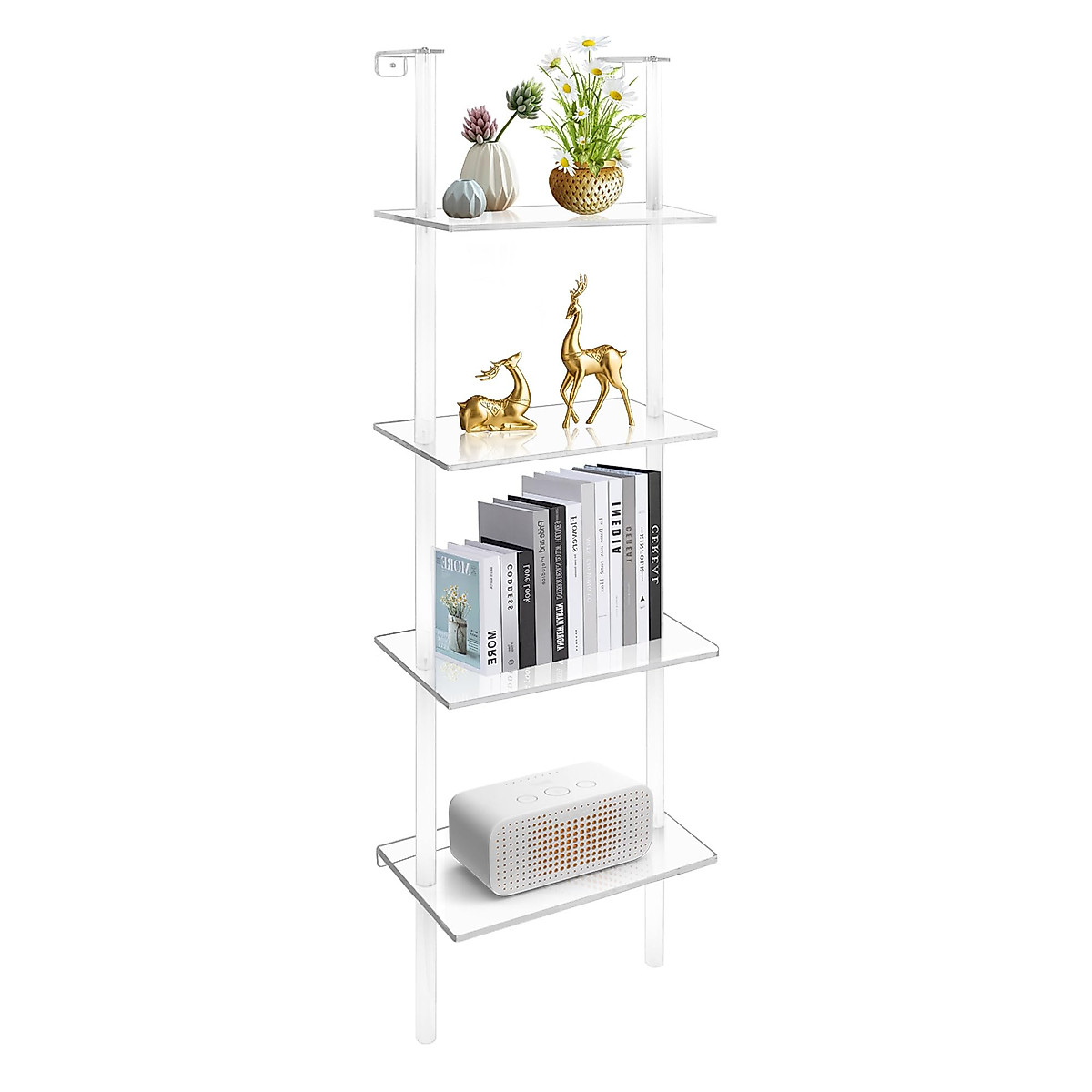 Cutora Acrylic Ladder Bookshelf 9.5" D x 15.6" W x 60" H Clear Bookcase Narrow Display Shelf for Small Space Wall Mounted Storage Rack for Living Room Bedroom Cloakroom Bathroom (4-Tier)