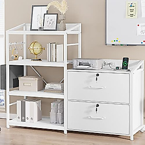 SEDETA 47” File Cabinet with Power Strip, Filing Cabinet fits Legal, Letter, A4 Size, 2 Drawer File Cabinet for Home Office with Open Shelf, Lock and 3 Hooks