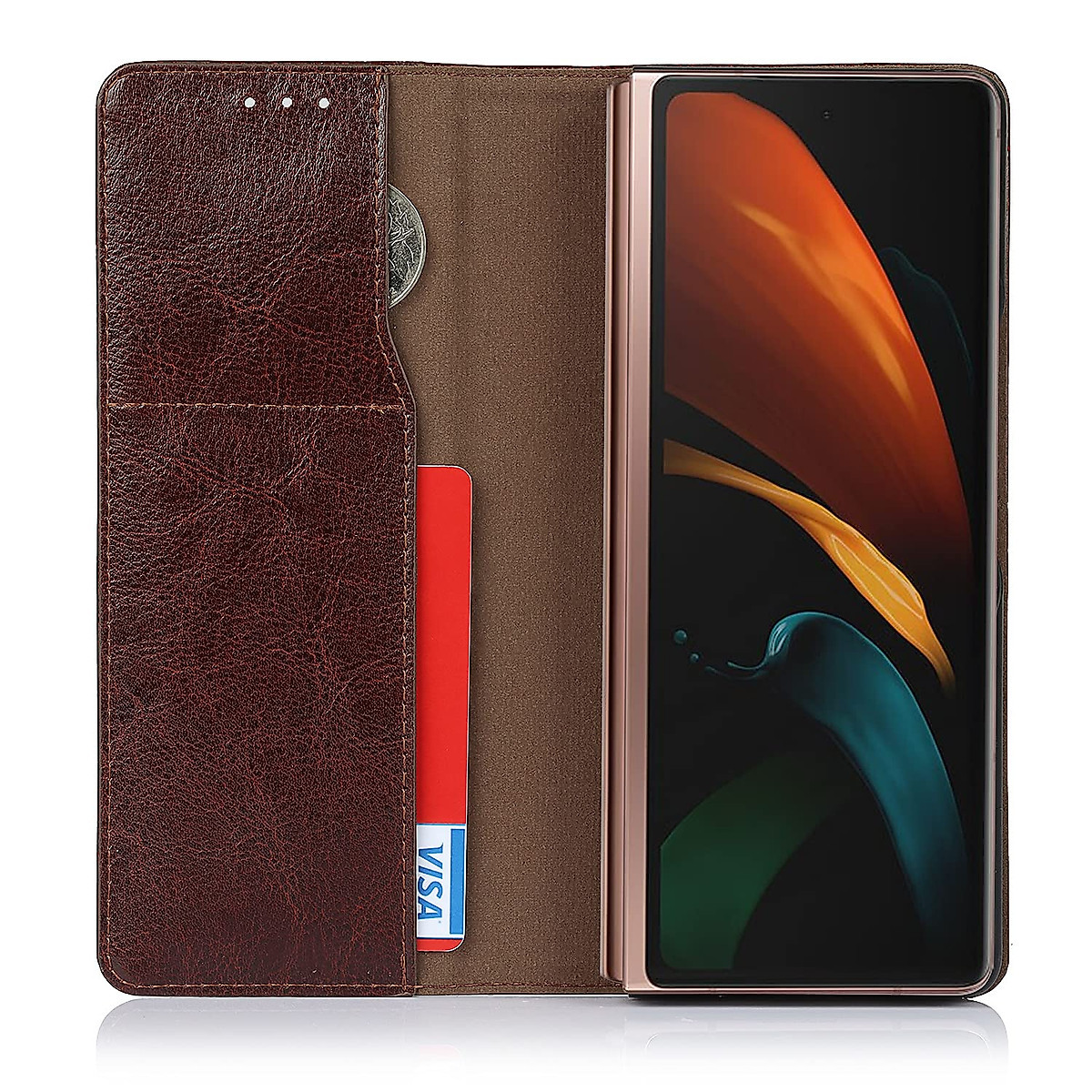 Jaorty Compatible with Samsung Galaxy Z Fold 2 5G Wallet Case,Stand Feature Cowhide Genuine Leather Credit Card Holder Coin Slot Cover Case for Samsung Galaxy Z Fold 2 5G,Dark Brown