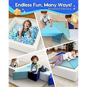 Heypappy Tangram Puzzles Kids Play Couch, 1600+DIY Toddler Modular Couch, 37"x37"x12" Foam Ball Pit, 8PCS Kids Sofa for Playroom Montessori Fort Building