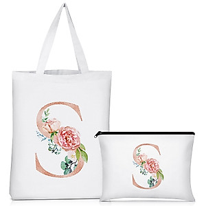 Sanwuta 2 Pcs Initial Canvas Tote Bags Floral Letter Travel Cosmetic Bags Personalized Beach Bags Monogrammed Bags Portable Makeup Zipper Pouch for Woman Girl Lady Birthday Wedding(Letter S)