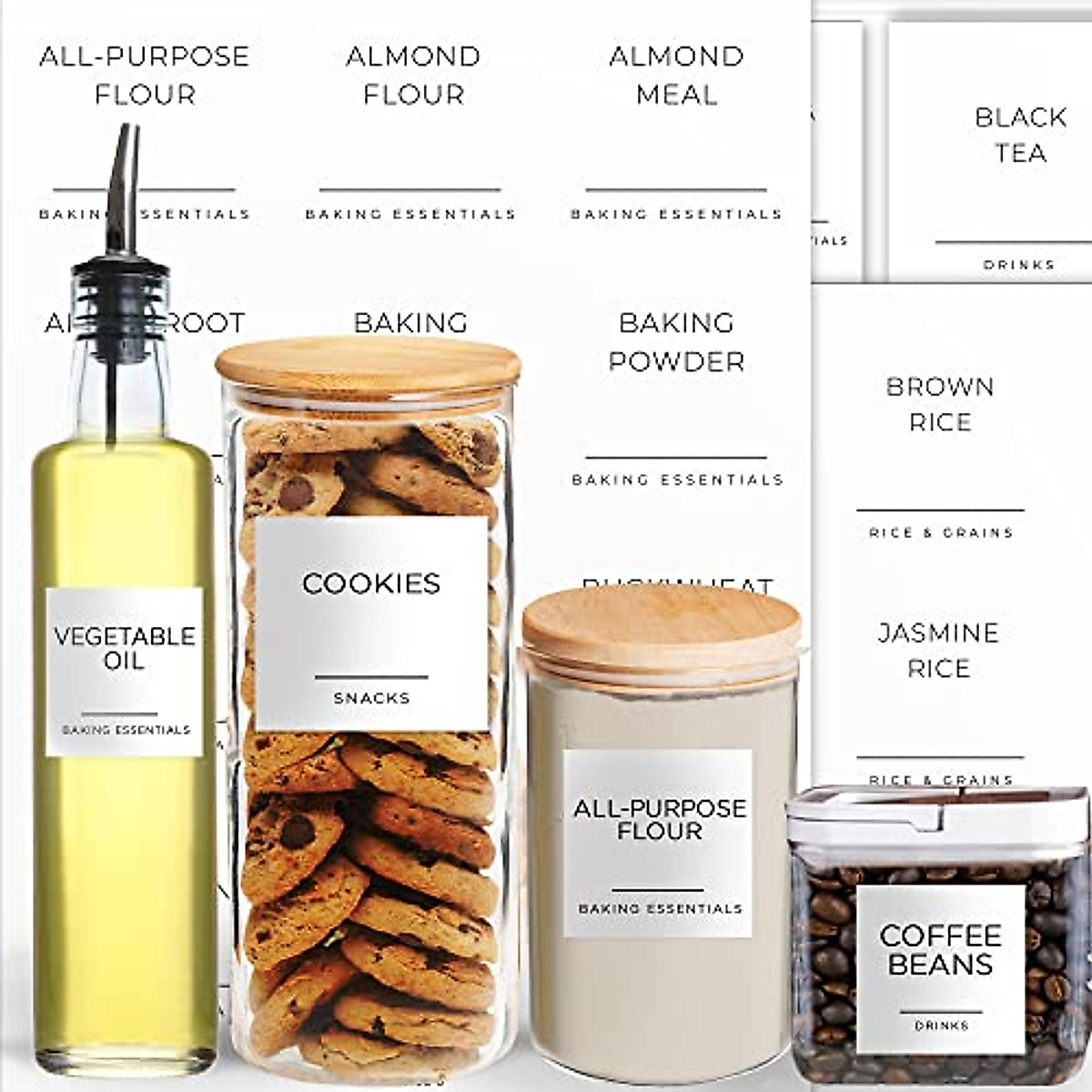 192 Kitchen Pantry Labels for Food Containers, Organize Pantry with Minimalist Preprinted Black Text on White Vinyl Stickers for Jars, Canisters and Storage Bins + Numbers for Pantry Organization