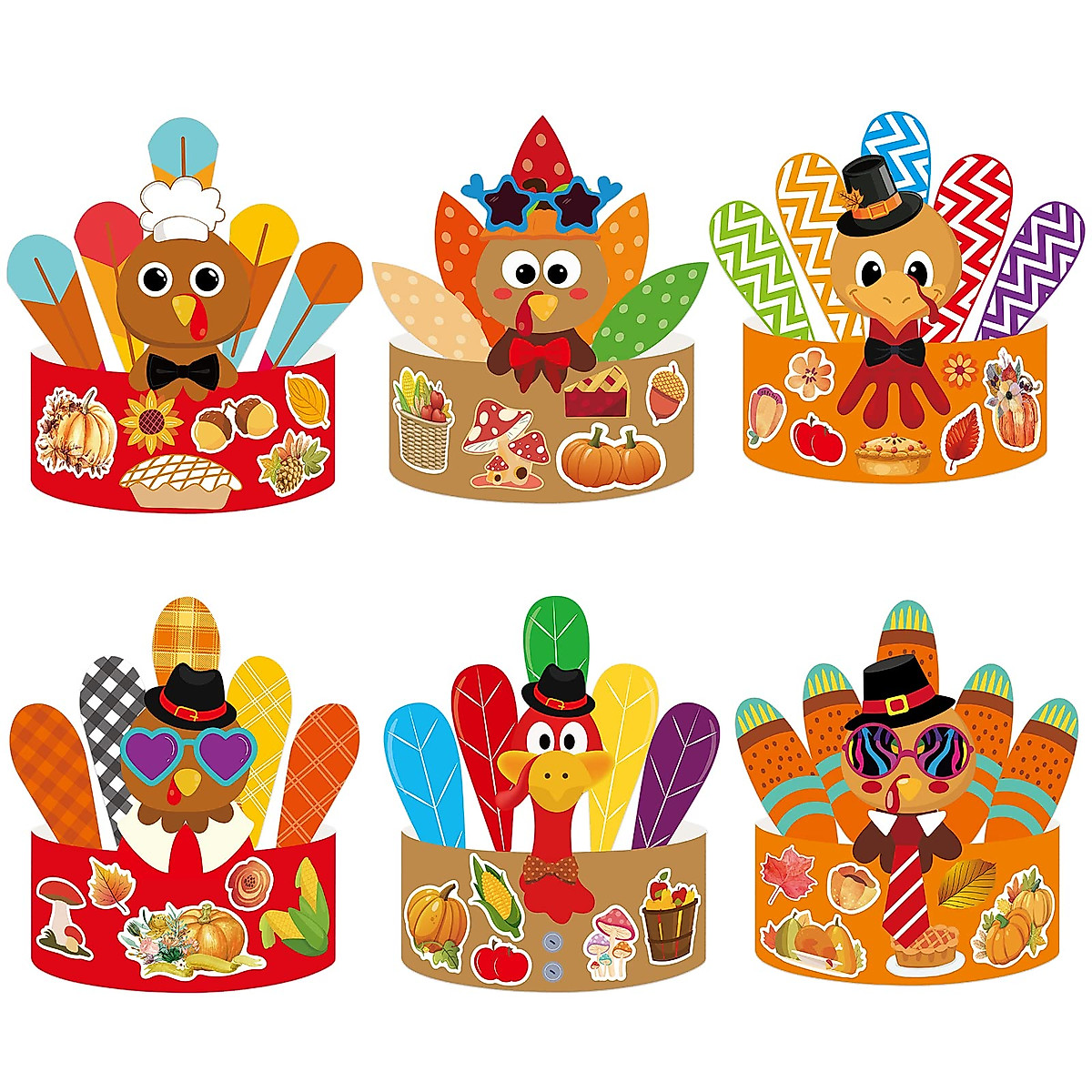 DIY Thanksgiving Turkey Craft Kits 12 PCS Fall Headbands Crowns Hats Party Decoration Supplies for Kids School Holiday Activity