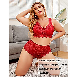 Avidlove Plus Size Lingerie Set Lace Bralette High Waist Panty Set Red