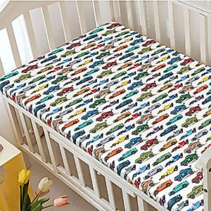 Race Car Themed Fitted Mini Crib Sheets,Portable Mini Crib Sheets Ultra Soft Material-Baby Crib Sheets for Girl or Boy,24“ x38“,Multicolor