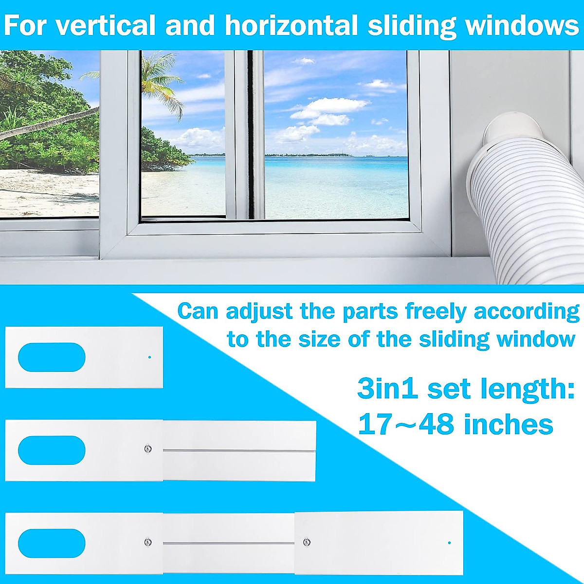 TOPOWN Portable Ac Window Kit, 5"/5.9" Hose Universal Window Slide Kit Plate for Ac Window Vent Kit Vertical/Horizontal -Max Adjustable Length 122cm/48- with 5.9"/15cm and 5"/13cm Adaptor