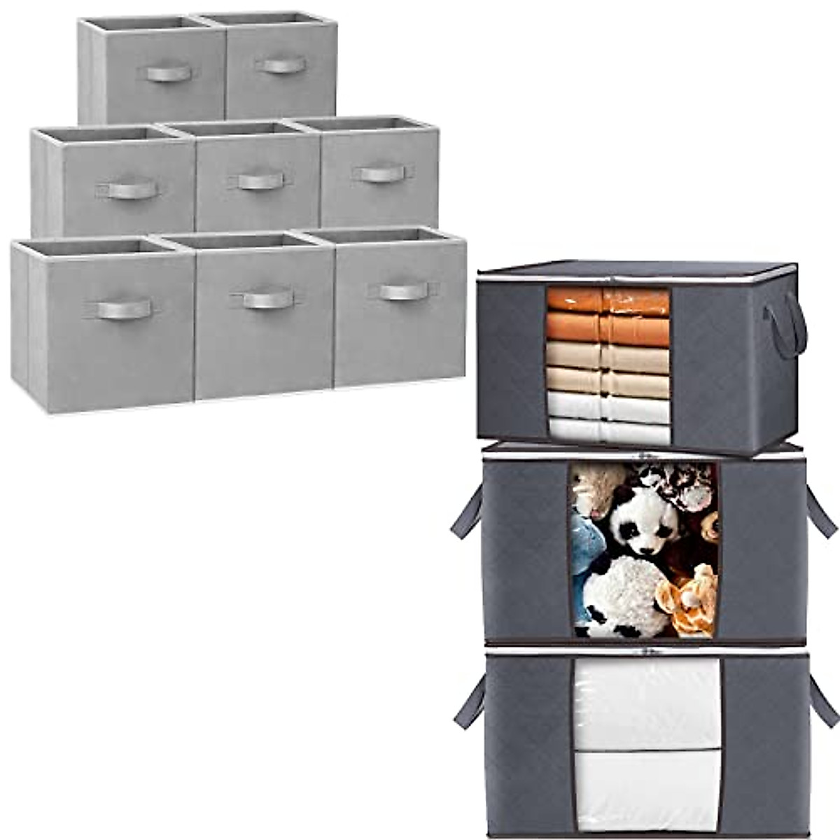 Criusia 3 Pack Clothes Blanket Storage Bags with 8 Pack 11 Inch Cube Storgae Bins