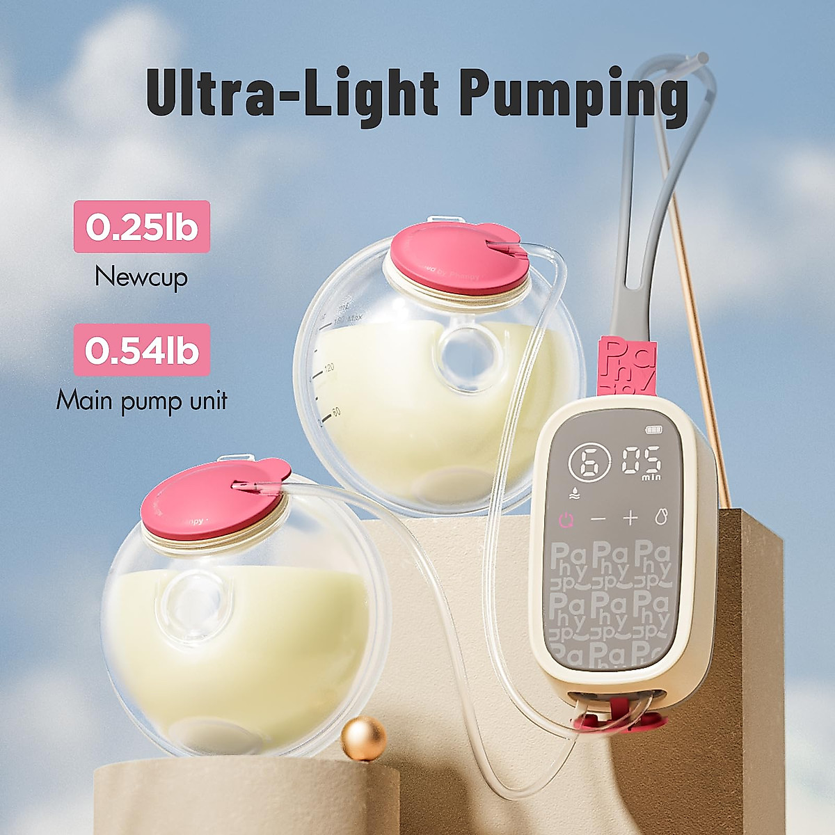 Phanpy E-Rosy Ultra-Light Wearable Hands Free Breast Pump, 3 Modes 8 Levels, High Performance Touch Screen with Lock Screen 40db Low Noise, 24 mm Flange and 20mm Insert Included