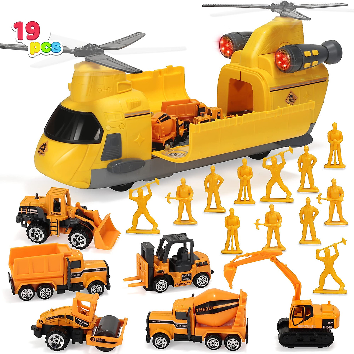 JOYIN Construction Transport Cargo Toy Airplane Car Play Set Including 1 Transport Helicopter with Real Lights, 6 Diecast Vehicles, 12 Action Figures, Birthday Gift for Boys and Girls (Yellow)