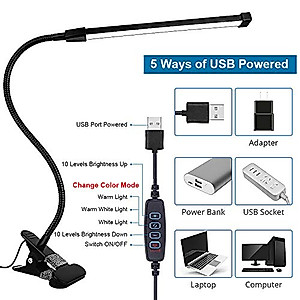 Qooltek Flexible Clip Desk Lamp Reading Light with 3 Color & 10 Brightness, Auto-Off & Memory Function, Clip on Light for Piano, Reading, Working, Relaxing Black