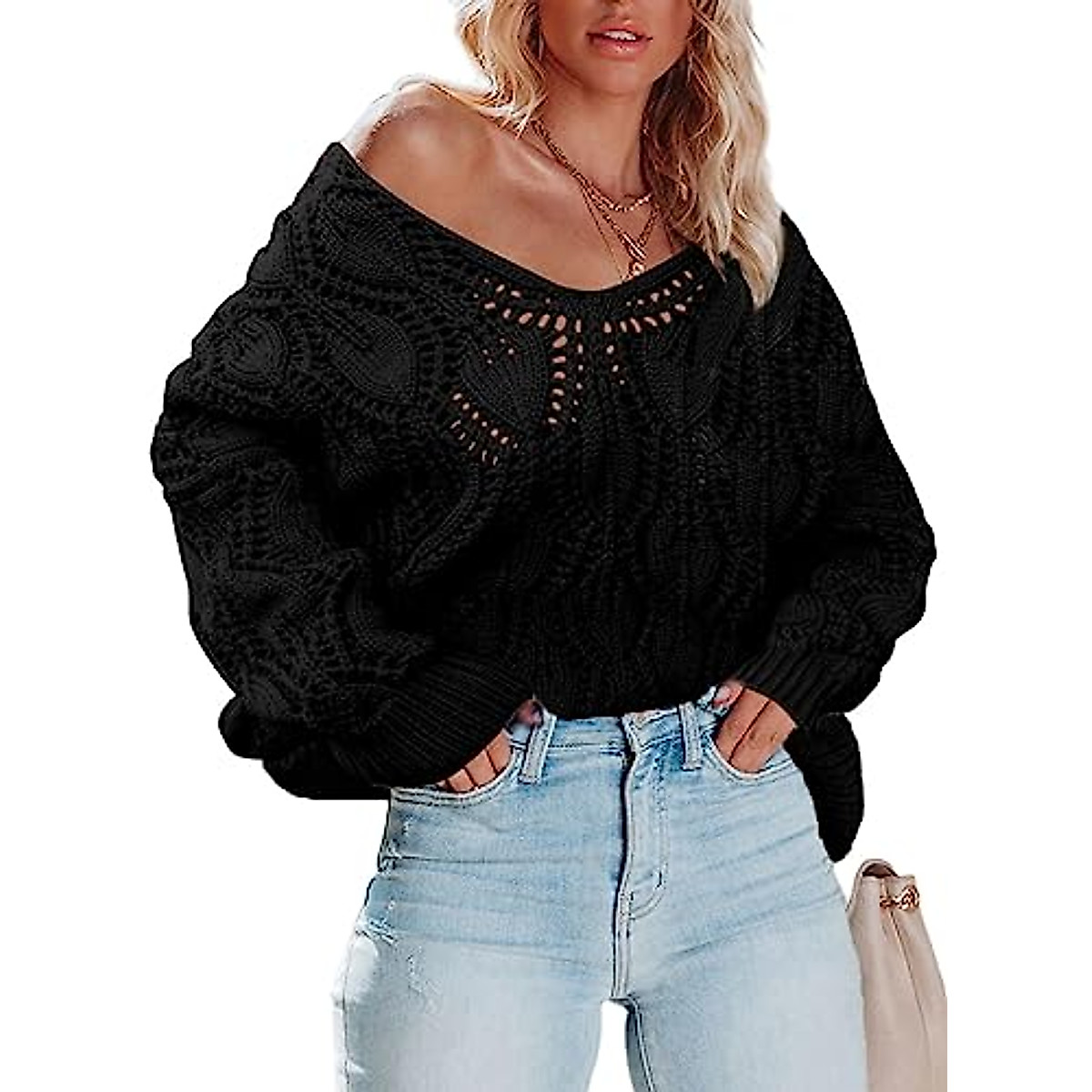 AlvaQ Womens Crochet Sweaters Cute V Neck Long Sleeve Hollow Out Cable Ribbed Knit Pullover Jumper Tops Fall Fashion 2023 Black Large