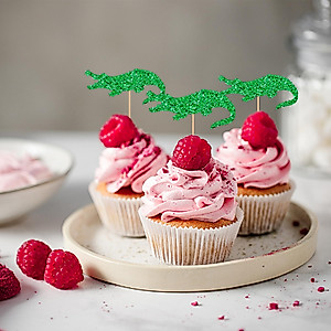 24Pcs Crocodile Cupcake Toppers, Green Glitter Crocodile Cake Decor, Reptile Animal Cake Decorations for Baby Shower, Reptile Pet Themed Birthday Party Decoration