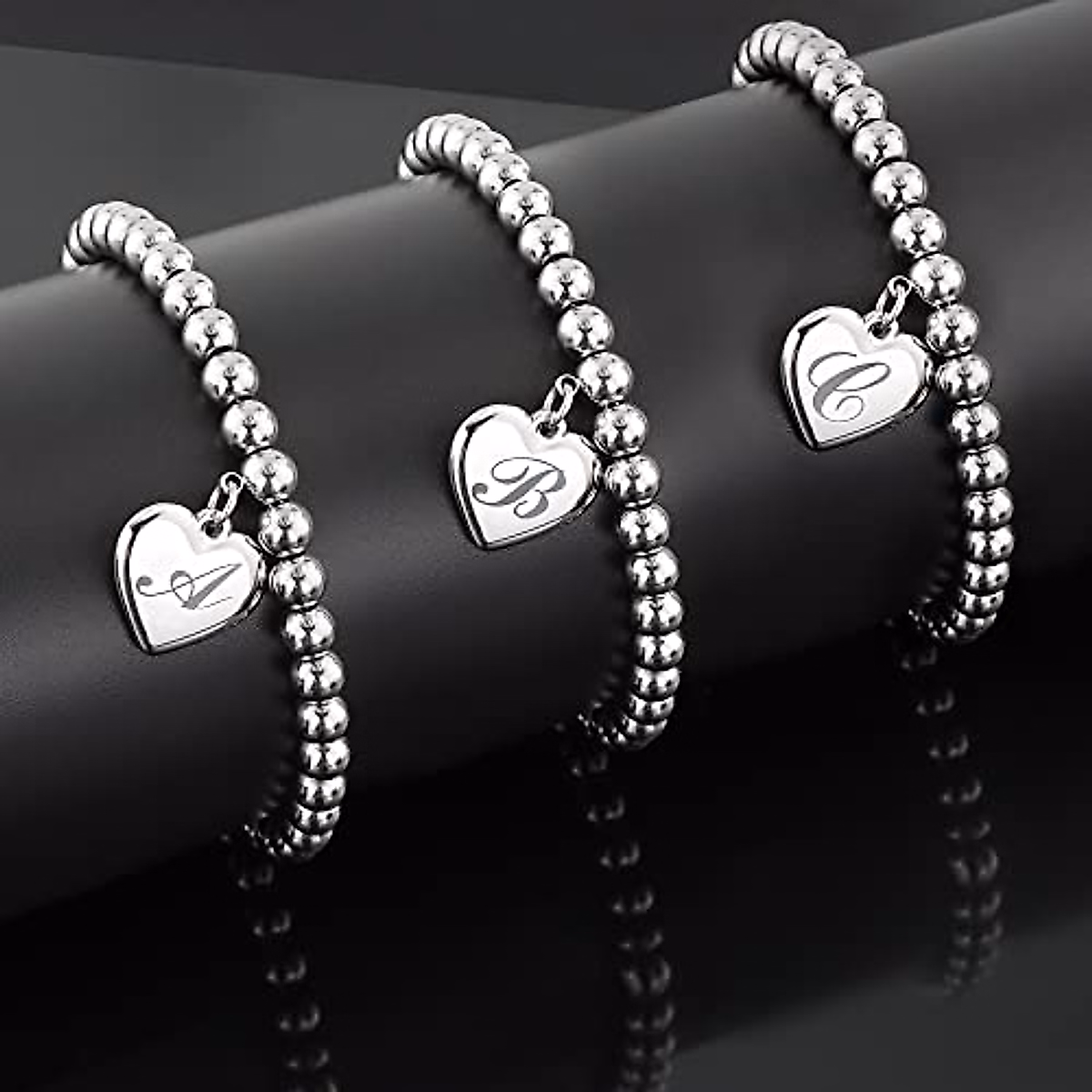 Estendly Initial Heart Charm Bracelets for Kids 6mm Stainless Steel Beaded Delicate Letters C Bracelet Jewelry Birthday Gift for Sister