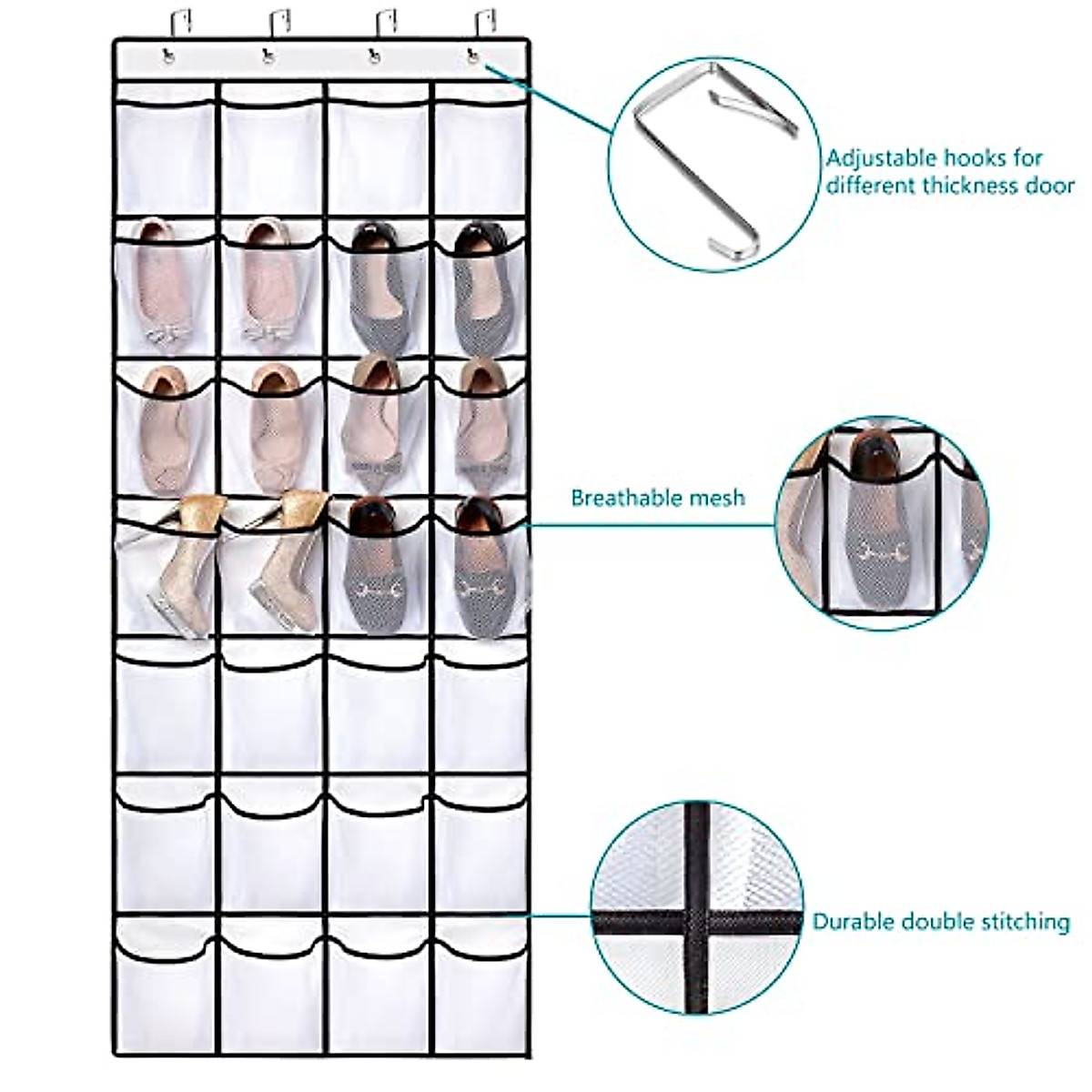 REGELETO 28 Pocket Over the Door Shoe Organzier, Hanging Shoe Rack for Door Large Capacity Shoe Organizer Holder with 4 Metal Hooks (White-2Pack)