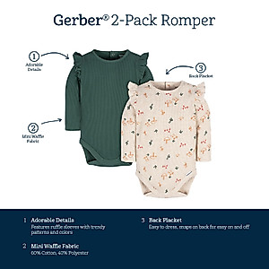 Gerber Baby Girl's 2-Pack Long Ruffle Sleeve Onesies, Mushrooms