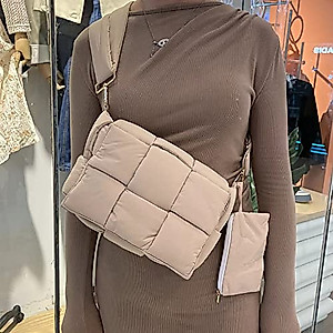 NAARIIAN puffer woven shoulder bag padded cassette handbag with coins organizer nylon light weight women crossbody purse(Khaki)