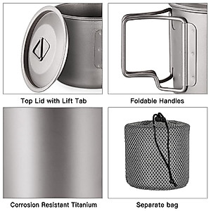 LIXADA Titanium Pot, Lightweight Camping Pot Titanium Cup Titanium Backpacking Pot with Portable Foldable Handles for Outdoor Camping Hiking Backpacking