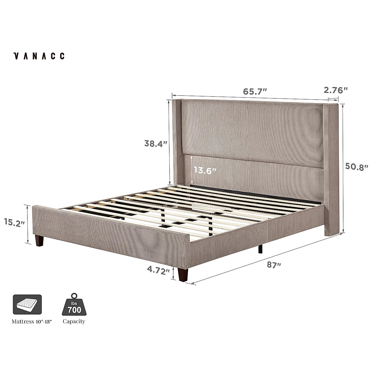 VanAcc Queen Size Platform Bed Frame, 50.8" Corduroy Upholstered Bed with Vertical Channel Tufted Headboard/Wooden Slats/Wingback/No Box Spring Required/Taupe