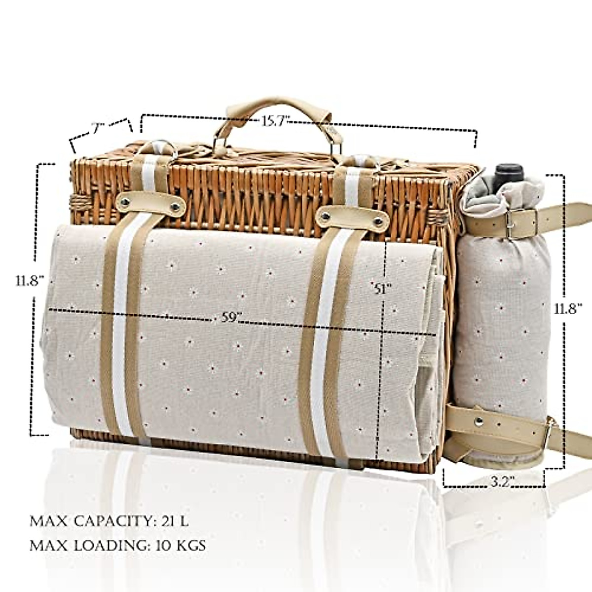 19Pcs Picnic Basket for 2 with Insulated Liner and Waterproof Picnic Blanket Wine Pouch, Large Wicker Picnic Hamper for Camping,Outdoor,Valentine Day,Thanks Giving,Birthday Christmas for Couples