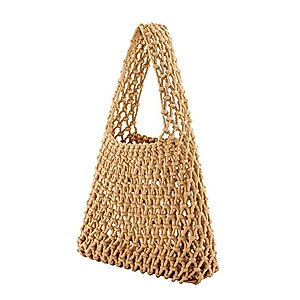 CHIC DIARY Handwoven Small Handbags for Women Cotton Crochet Clutch Purses Summer Beach Fishnet Tote Bags Wristlet Bags(Light Brown)