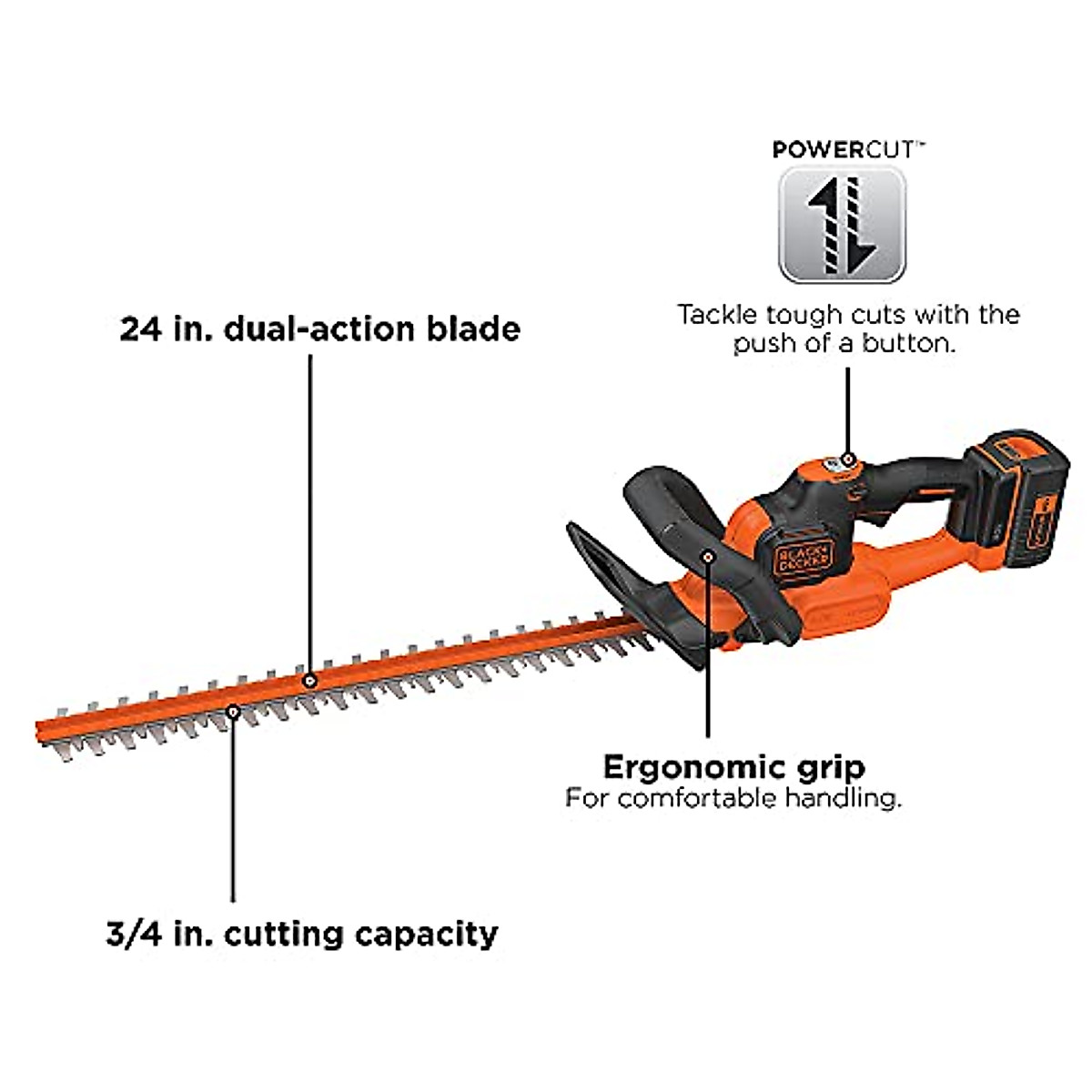 BLACK+DECKER 40V MAX* Cordless Hedge Trimmer with POWERCOMMAND Powercut, 24-Inch (LHT341FF)