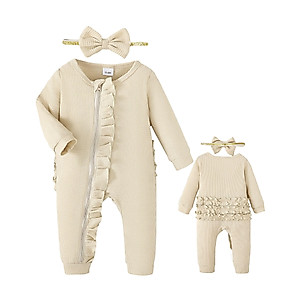 Mikrdoo 3-6 Month Baby Girl Clothes One-sies Sleeper Fall Winter Outfits Long Sleeve Little Girls' Clothing One-Piece Zipper Romper Infant Clothe Set with Headband for 3-6M Baby Apricot