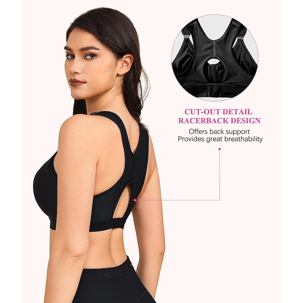 BRABIC Women Post-Surgical Sports Support Bra Front Closure with Adjustable Straps Wirefree Racerback (Black, L (fit for 36B 36C 36D 38A))