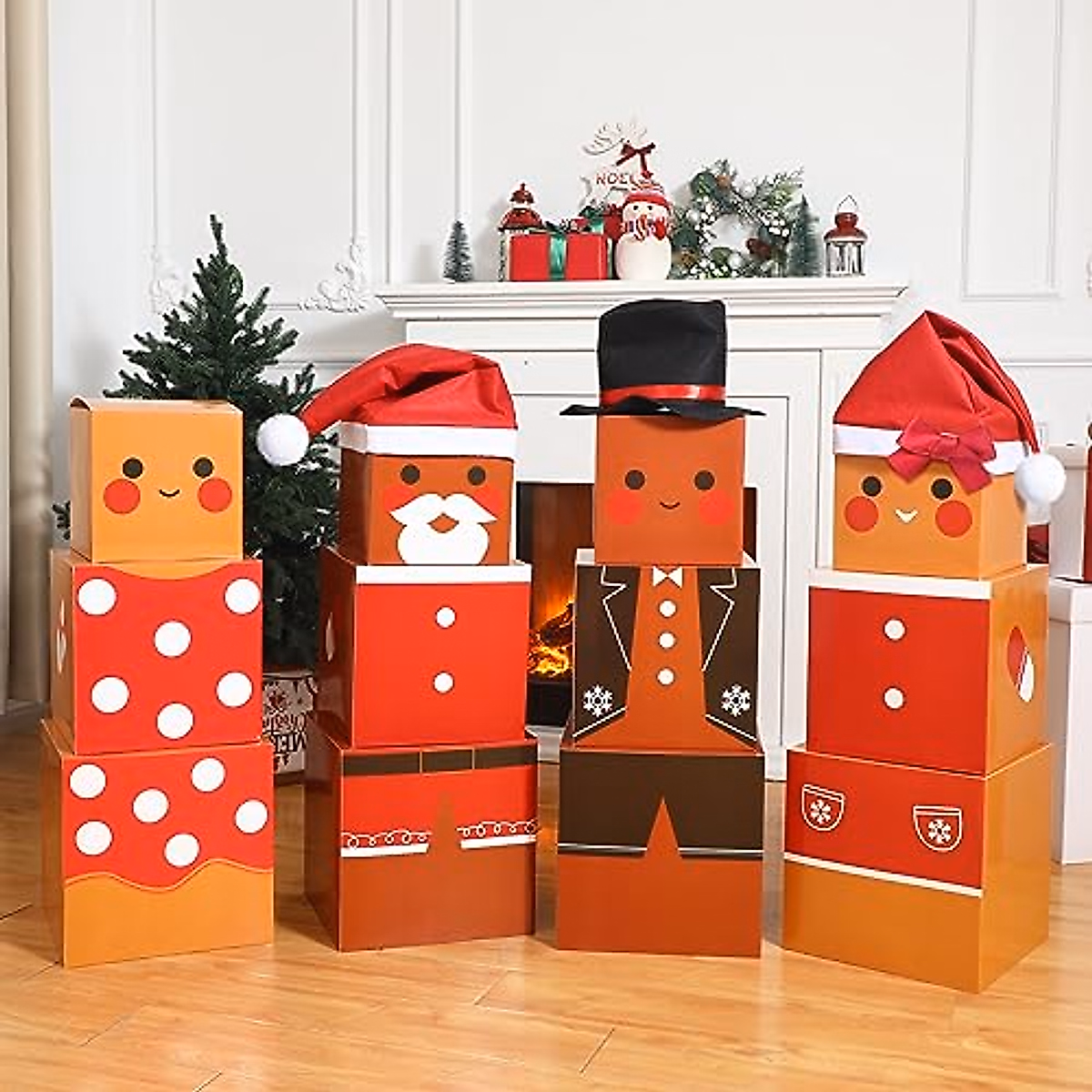 Funtery 16 Pcs Christmas Gingerbread Man Gift Box Xmas Stacking Boxes with Hats Christmas Nesting Boxes with Red Bow, Christmas Hat, Top Hat Decorative for Gift Present Wrapping Party Favors