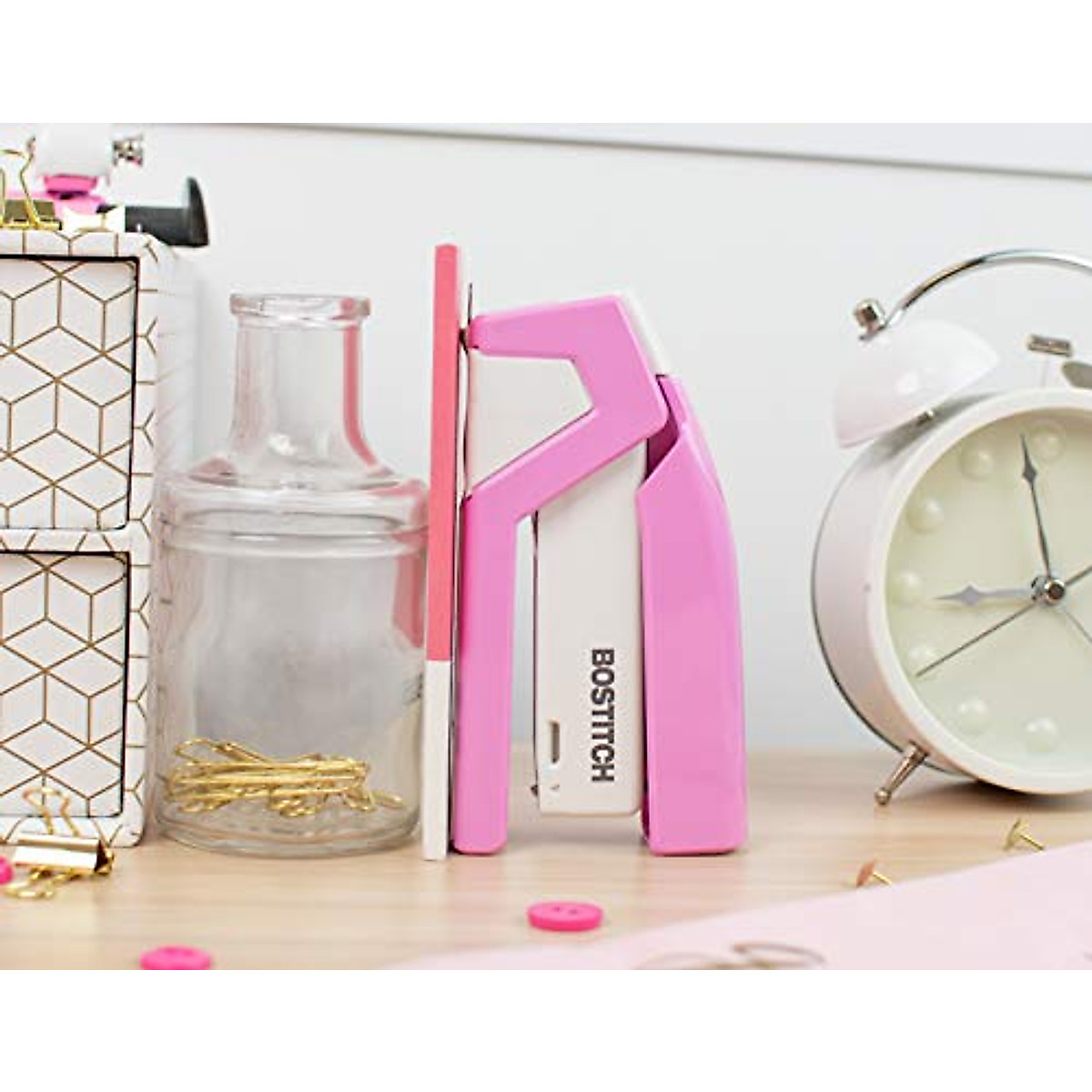 Bostitch Office InCourage Spring-Powered Compact Stapler, BCA Pink (1588), plastic-half strip