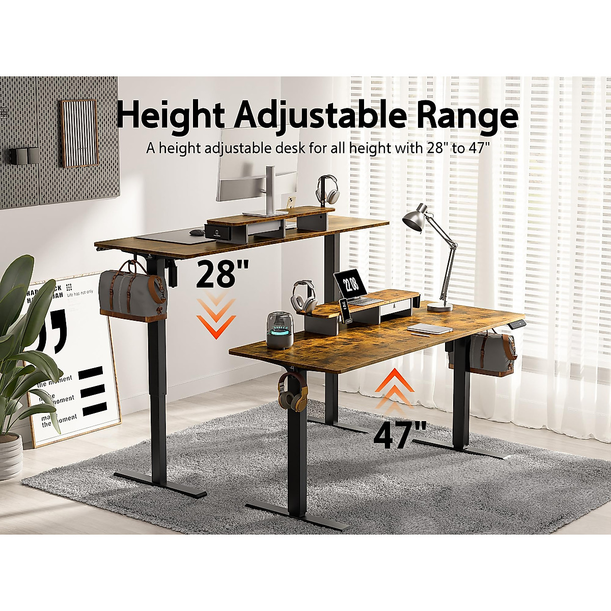 WALKINGDESK 48x24 Inches Electric Standing Desk with Drawer and Monitor Stand, Height Adjustable Stand up Desk for Home Office, Ergonomic Sit to Stand Desk with Phone Holder, 3 Hooks, Rustic Brown