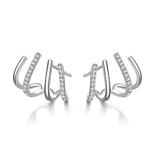 Reffeer Sterling Silver Half Hoop Earrings Wrap for Women Cuff Earrings Piercings Studs (Silver)