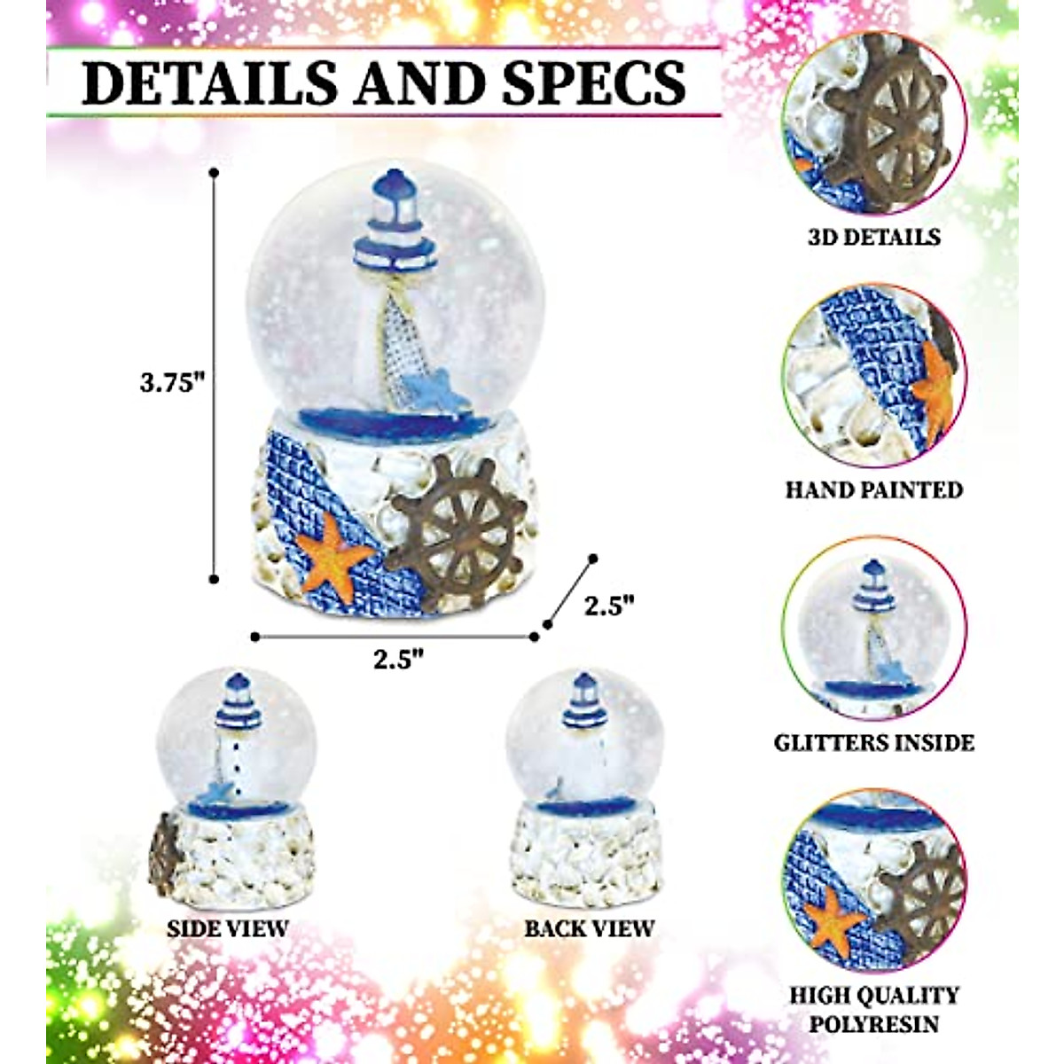 Puzzled Resin Seashell with Blue Lighthouse Snow Globe (65mm), 3.5 Inch Figurine Intricate & Meticulous Detailing Art Handcrafted Tabletop Centerpiece Accent Nautical Ocean Sea Life Theme Home Décor