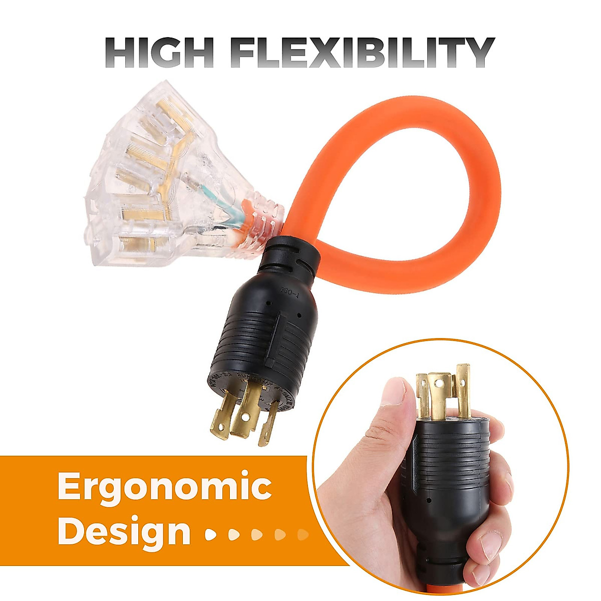 30 Amp to 110 Adapter Generator Power Cord, 3 Prong 30 Amp to 15 Amp or 20 Amp Generator Adapter, NEMA L5-30P Male to 3 x 5-15/20R Female with Lighted End, 1.5 FT