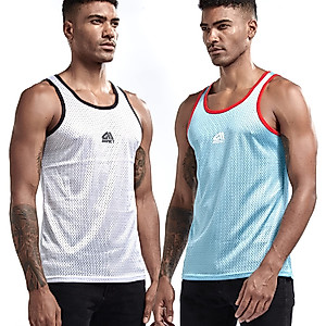 AIMPACT Men Athletic Workout Tank Tops Mesh Quick Dry Fitness Running Gym Muscle Sleeveless Shirts WhiteBlue L