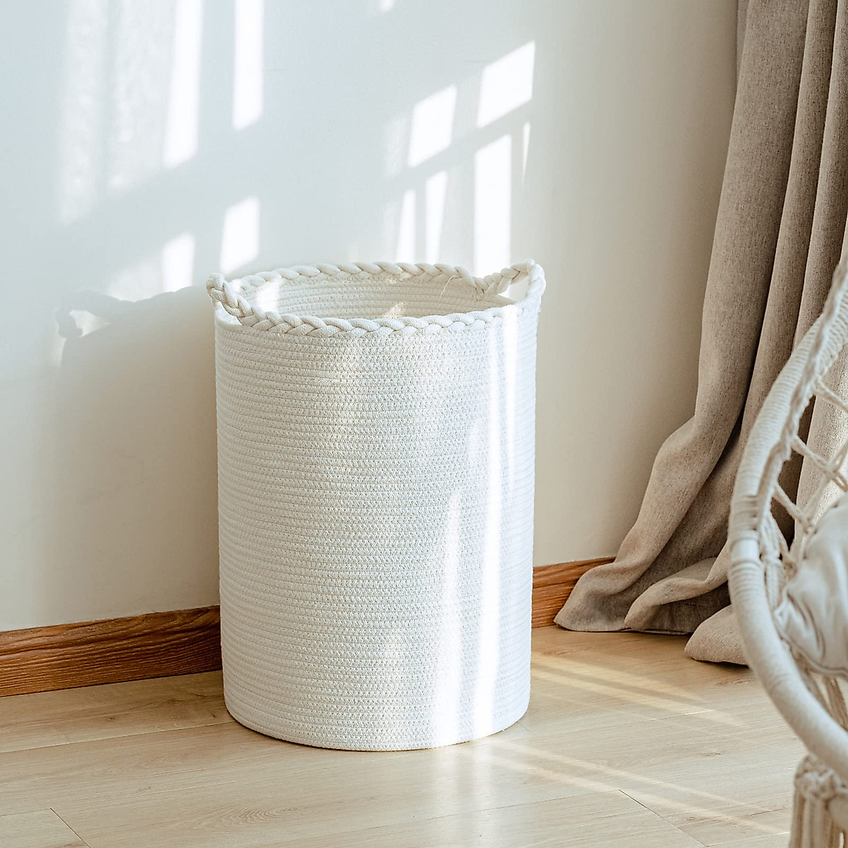 Homlikelan 58L Woven Laundry Basket,Cotton Tall Laundry Hamper for Blankets,Clothes,Pillows,Toys,Shoes Large Laundry Bin White