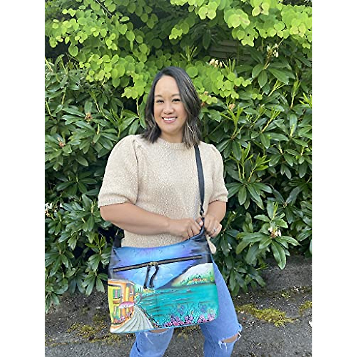 Anna by Anuschka Women's Genuine Leather Medium Shoulder Hobo | Zip-Top Organizer with Side-Zip Pockets | Moon Lit Capri