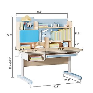 FCD Wood Adjustable Height Ergonomic Kids Study Desk Drafting Table Computer Station Built-in Bookshelf Hutch Multi Function Desktop 43.3" Width (Blue)