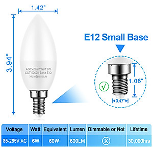 Marxlait 8 Pack E12 Ceiling Fan Light Bulbs, 60W Equivalent, Daylight White 5000K, Small Base LED Candelabra Bulb for Chandelier, Type B LED Bulbs, 120V, Not Dimmable