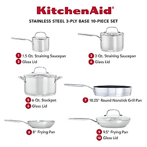 KitchenAid 3-Ply Base Stainless Steel Cookware Pots and Pans Set, 10 Piece, Brushed Stainless