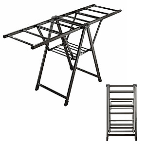 Free-Standing Laundry Drying Rack, 2-Tier Foldable Clothes Drying Rack with Height-Adjustable Gullwings, Aluminum Laundry Rack Folding Airer for Clothes Towels Linens