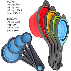 Kalsreui Measuring Cups and Spoons set, Collapsible Measuring Cups, 8 pieces Measuring Cups&Spoons Set, Engraved Metric & US Markings for Liquid&Dry Measuring, Space Saving, BPA Free Colorful Silicone