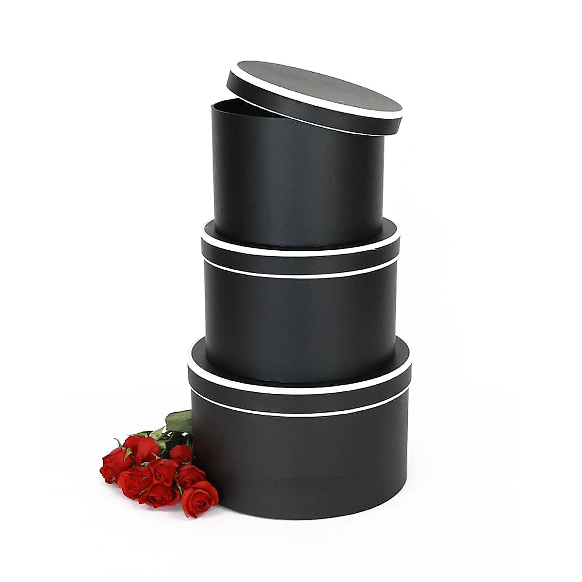 UNIKPACKAGING Premium Quality Round Flower Box, Gift Boxes for Luxury Flower and Gift Arrangements, Set of 3 pcs (L/M/S) (Black with White Rim)