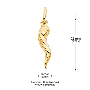 Ioka - 14K Yellow Gold Twisted Cornicello Italian Horn Charm Small Size Good Luck Pendant For Necklace or Chain