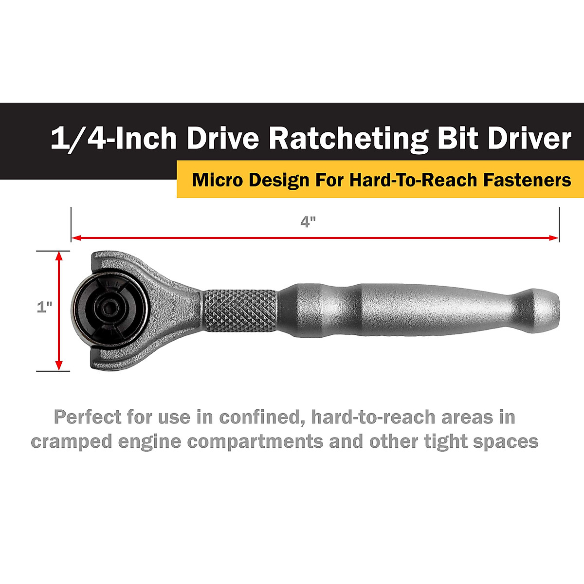 Titan 11318 1/4-Inch Drive x 4-Inch 90-Tooth Swivel Head Micro Ratcheting Bit Driver - Silver